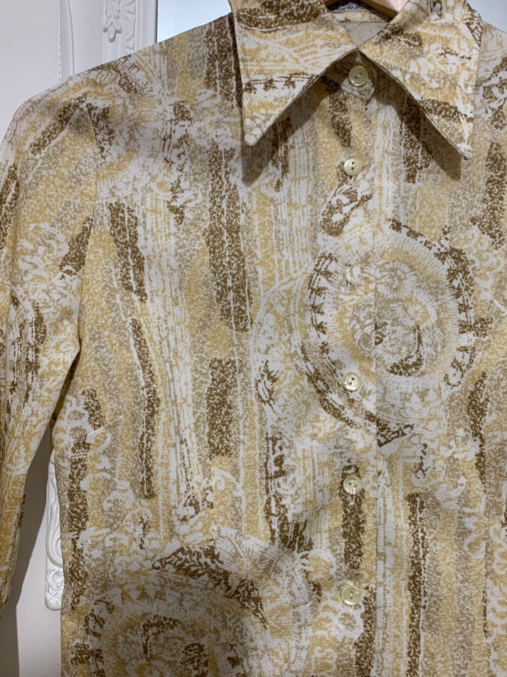 Vintage Blouse, Yellow Brown Alexon Blouse, Long Sleeve, Dagger Collar ...