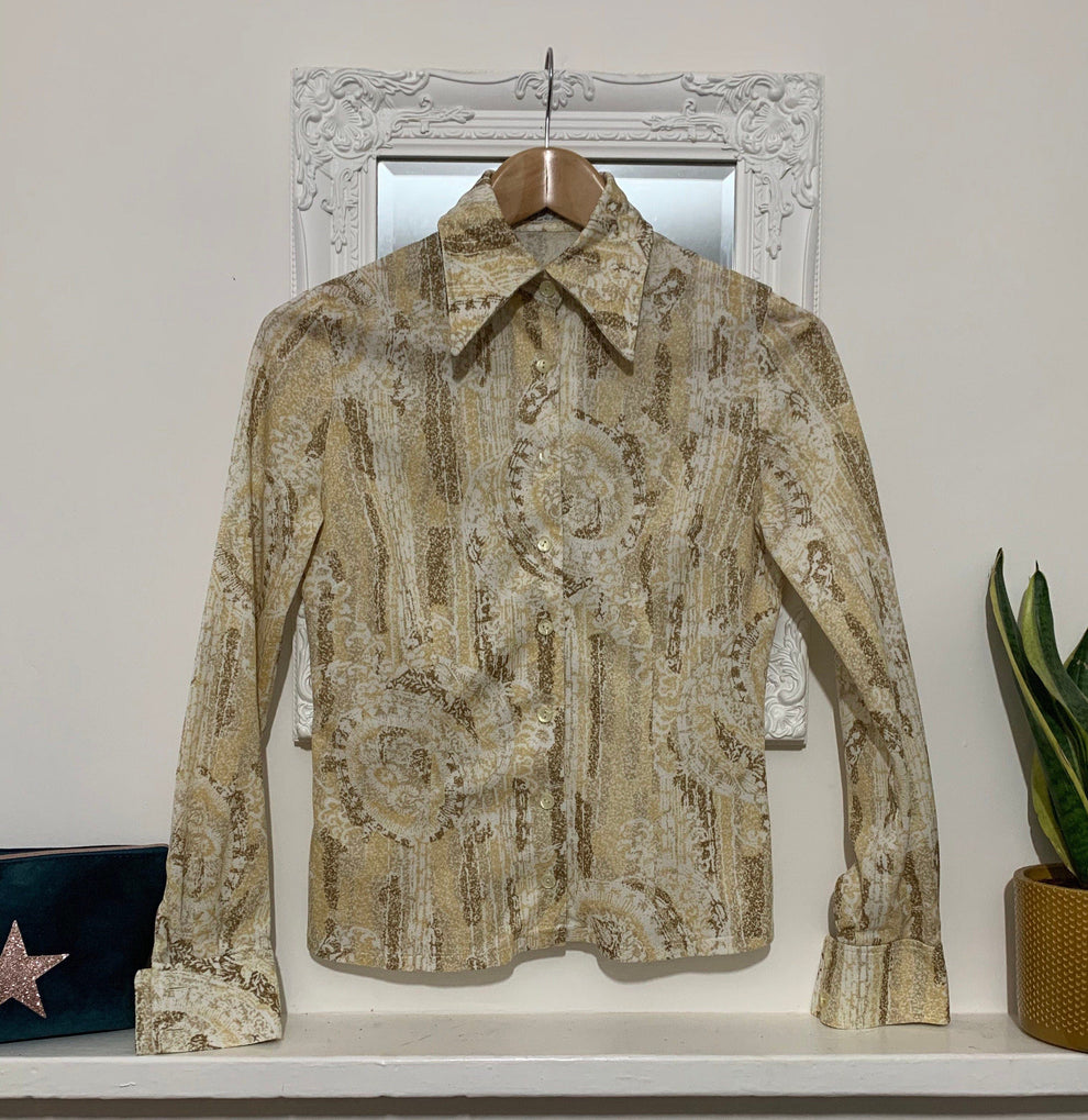 Vintage Blouse, Yellow Brown Alexon Blouse, Long Sleeve, Dagger Collar ...